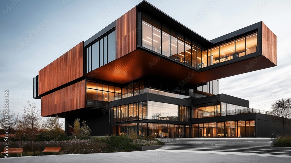 Modern architectural building with cantilevered sections and large ...