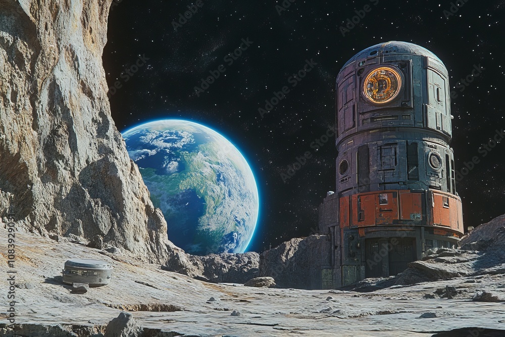 Hyper realistic lunar surface with futuristic base and earth in clear ...