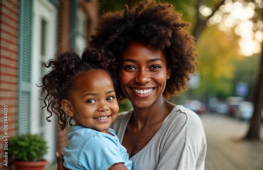 African American mother, daughter smile happily together outdoors ...