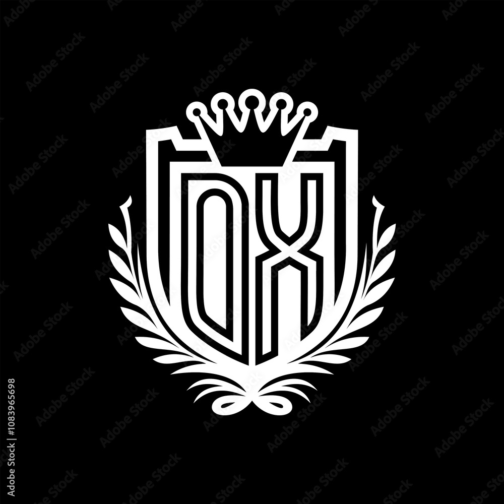 OX Letter logo heraldic shield shape with crown on black background ...