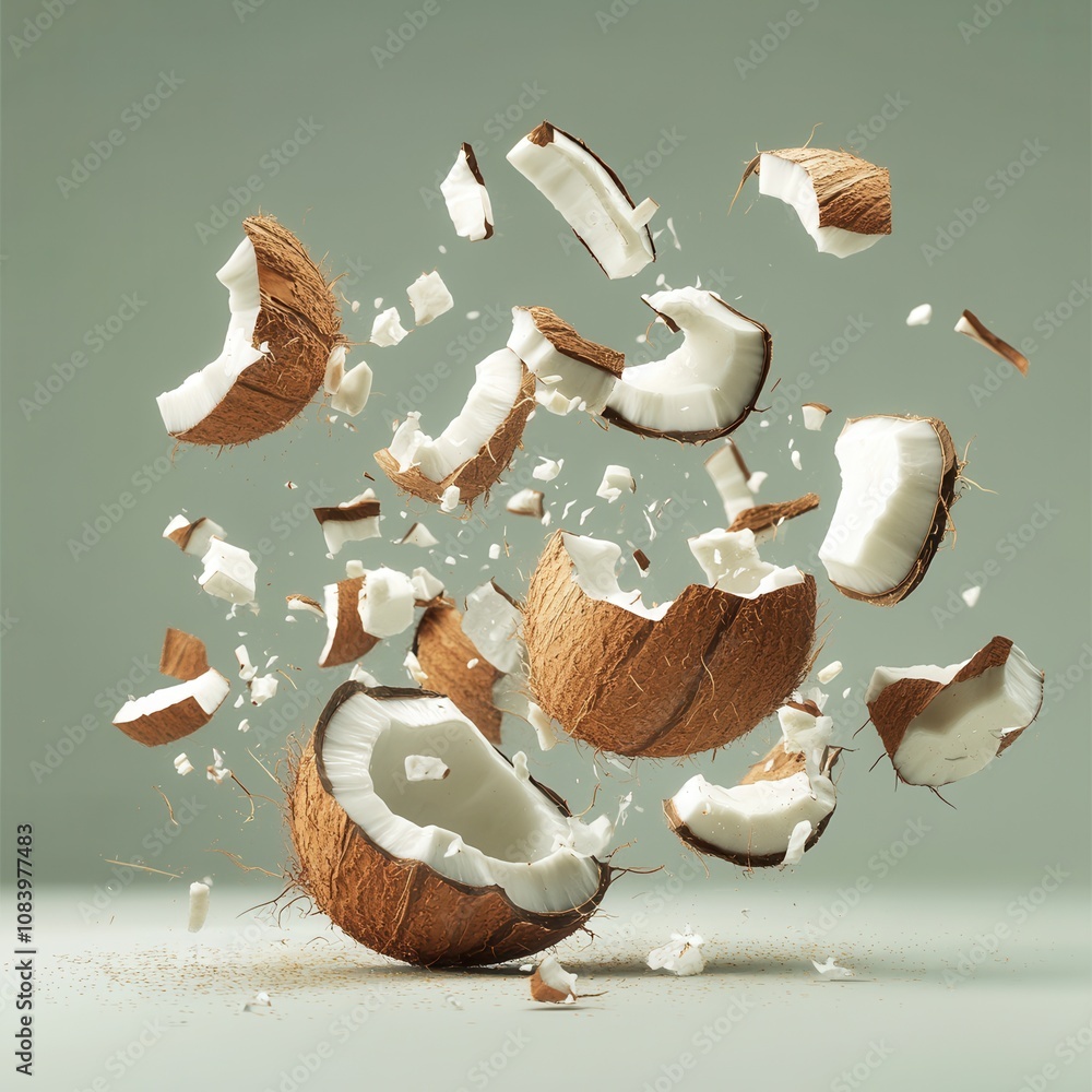 Exploding Coconut High-Resolution Image of a Shattering Coconut with White Flesh and Brown Shell ...