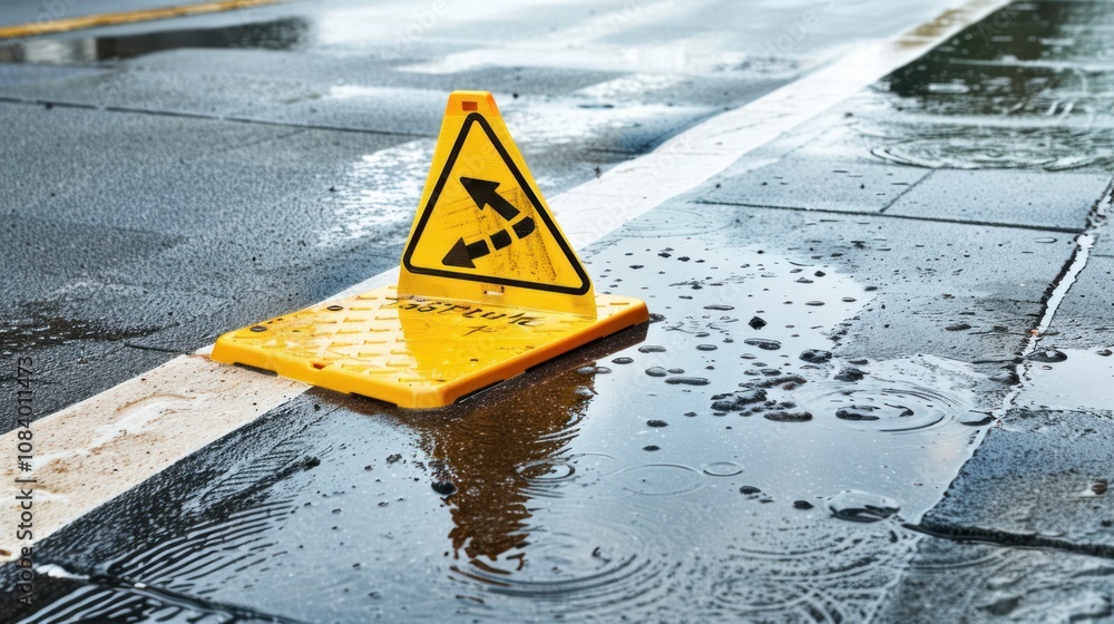 Wet floor caution sign and water puddle isolated on white background ...