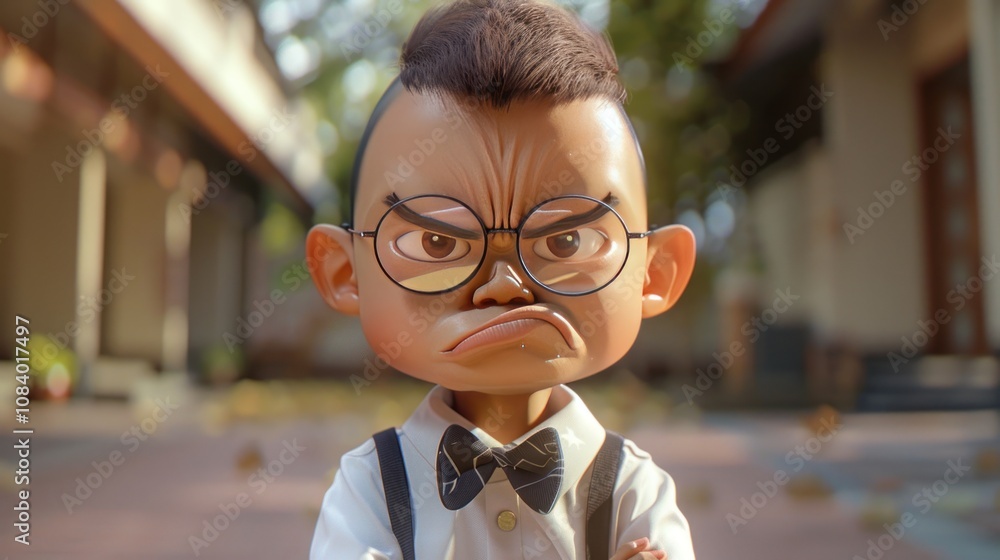 Young Thai boy in 3D animation, big head and glasses, making an angry ...