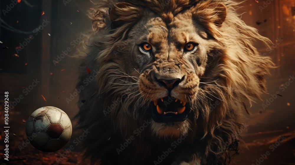 Big male lion with soccer ball flying in the air in the stadium. Stock ...