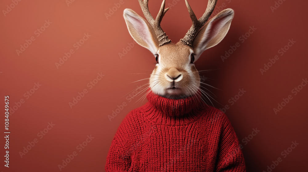 Anthropomorphic jackalope with horns and rabbit features wearing a red ...