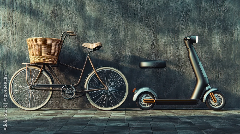 A vintage bicycle with a wicker basket sits next to a modern electric ...