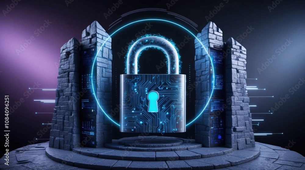 Cybersecurity action digital lock and fortress virtual environment futuristic viewpoint data ...