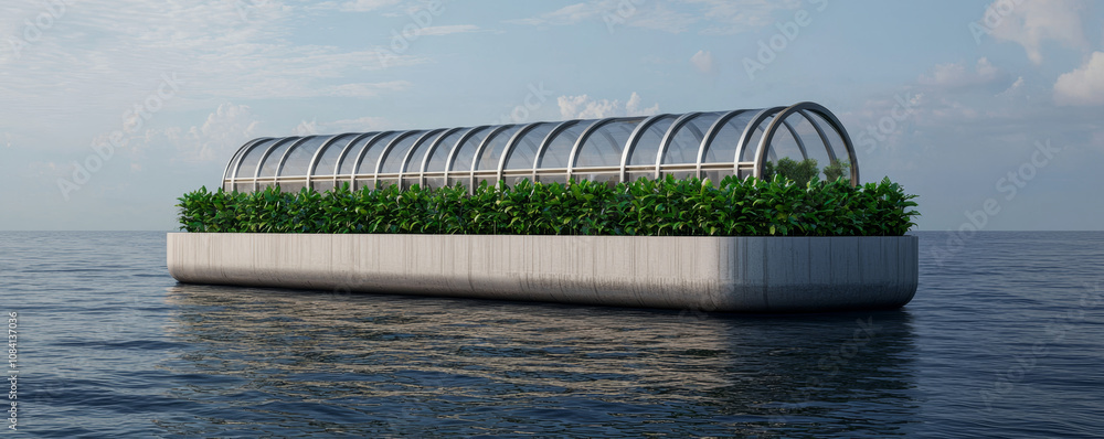 Climate change and transport concept. Floating greenhouse on water with ...