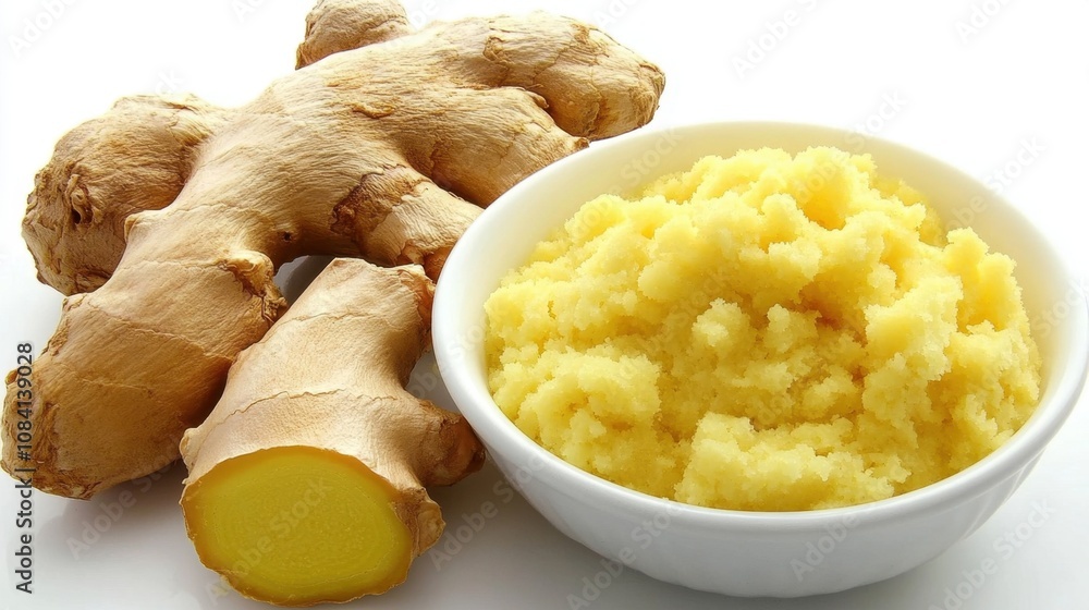 Fresh Ginger Root and Grated Ginger Paste on White Background, Perfect ...