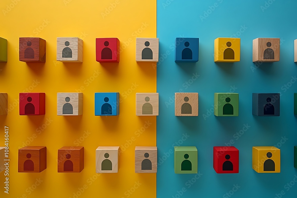 Colorful Wooden Blocks with Person Symbols in Rows on Blue and Yellow ...