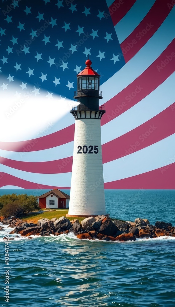 projecting lighthouse beacon flag ocean 2025 American background onto ...
