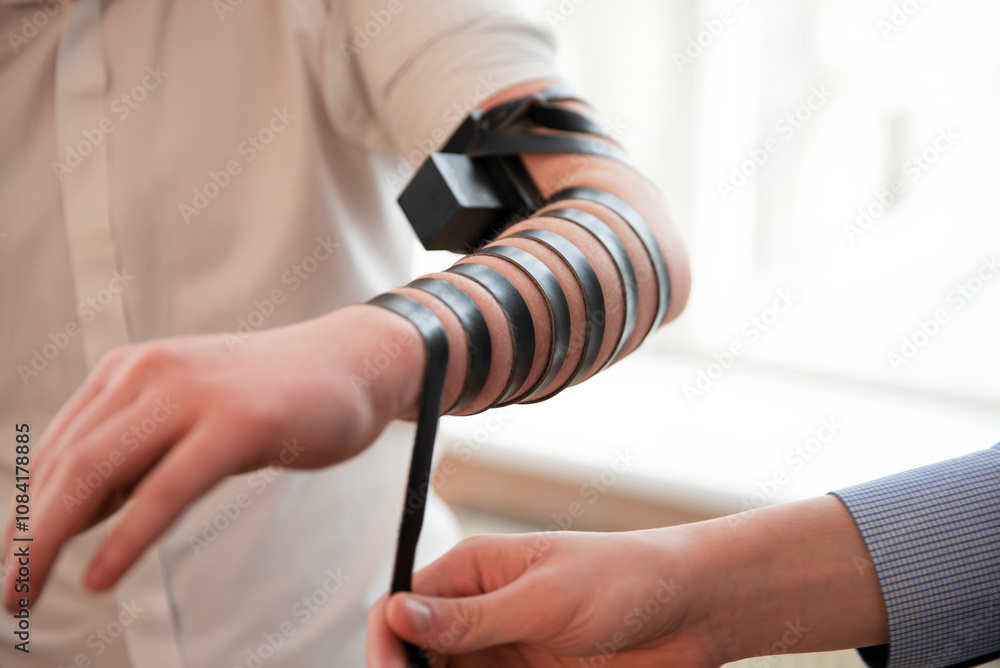The Young Jewish man help to put on Tefillin on another Young Jewish ...