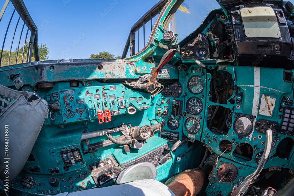 Aircraft dashboard, cockpit of mig-23 fighter, Ukrainian Soviet fighter ...