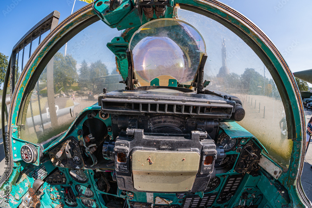 Aircraft dashboard, cockpit of mig-23 fighter, Ukrainian Soviet fighter ...