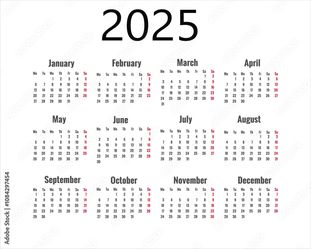 Light full year horizontal calendar template for the year 2025 with a ...