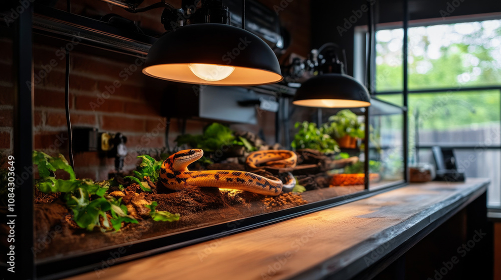 A professional snake care setup featuring a custom terrarium, heat ...