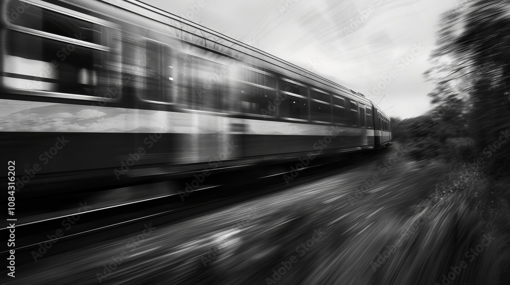 Dynamic side view of a high speed train with blurred landscape creating ...