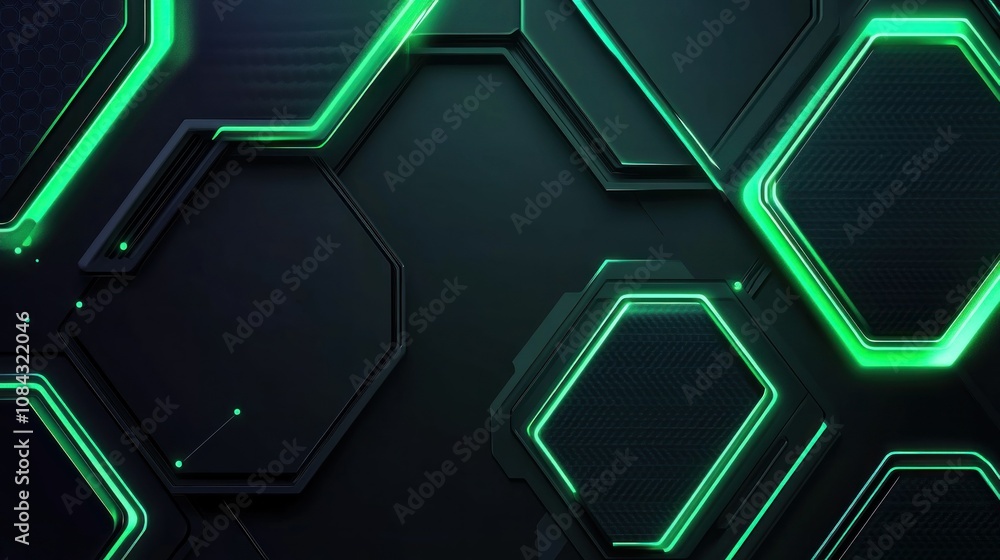Hexagon background gaming with black viber material effect green neon ...