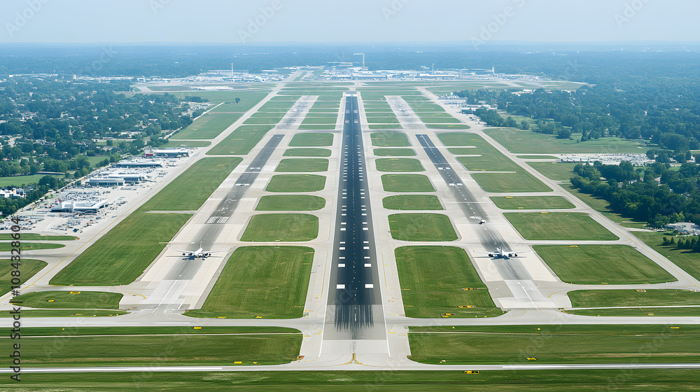 An aerial view of an airport runway with multiple airplanes taxiing and ...
