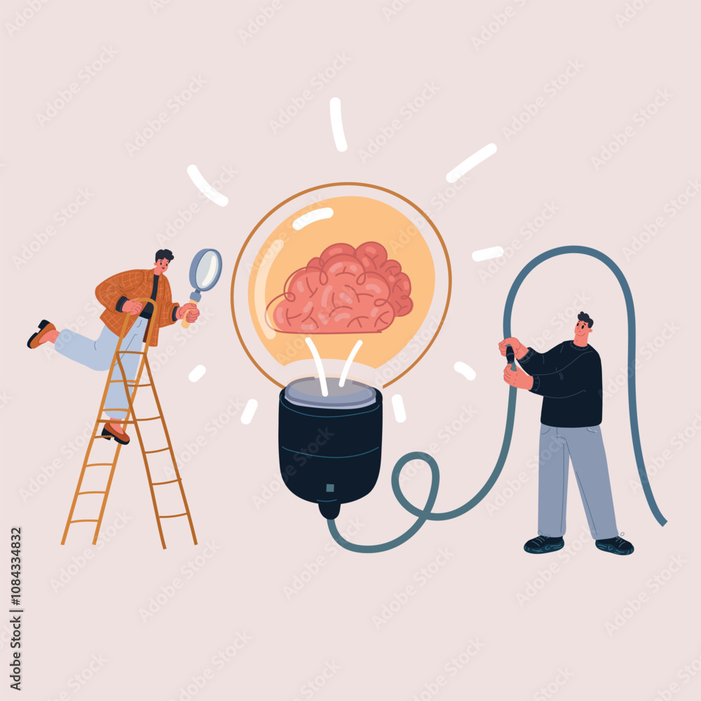 Cartoon vector illustration of two people tinkering with an ...