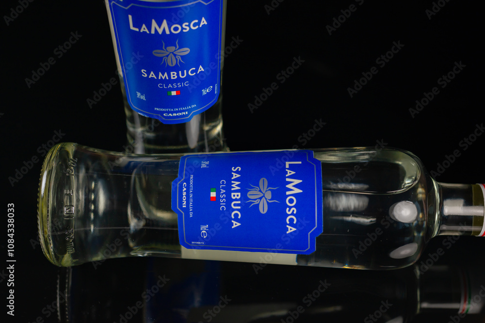 LONDON, UNITED KINGDOM - JULY 25, 2024 Bottles of LaMosca Sambuca Classic, aniseed liqueurs ...