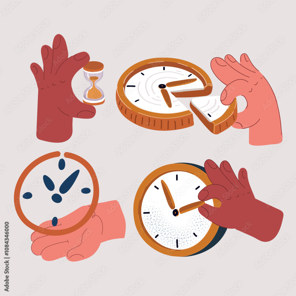 Cartoon vector illustration of hands with clocks, dials, and an ...