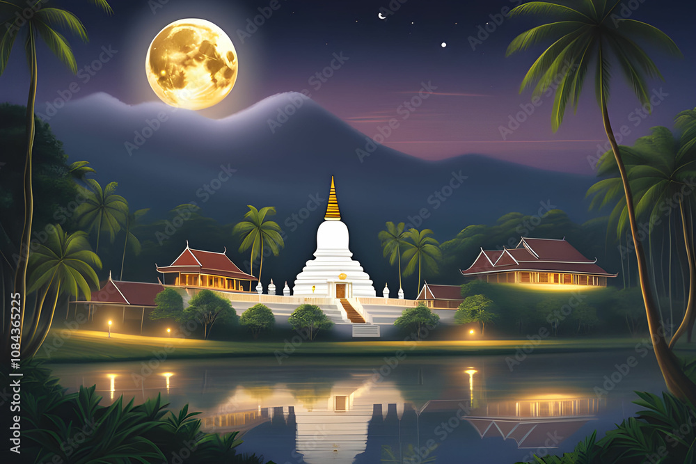 Full moon poya day night scene. SriLankan Buddhist Temple. HD ...