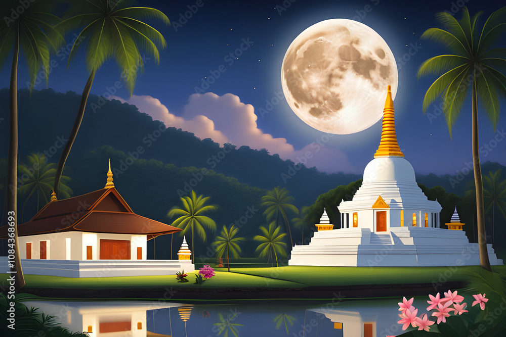 SriLankan Temple. Full moon poya day night scene. HD background Stock ...
