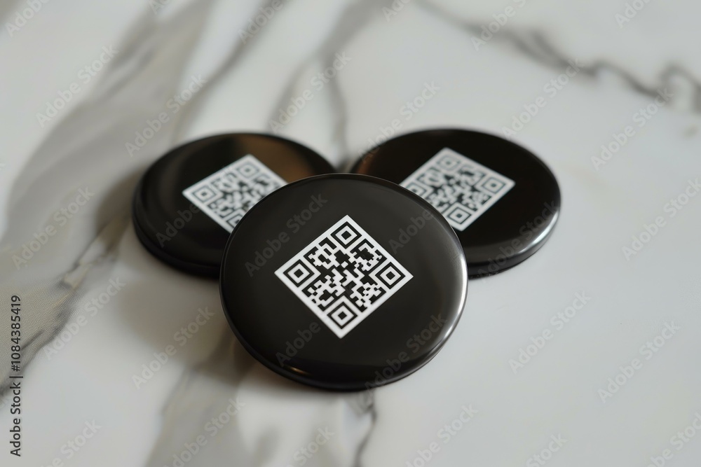 Three black circular stickers showing qr codes are displayed on a white ...