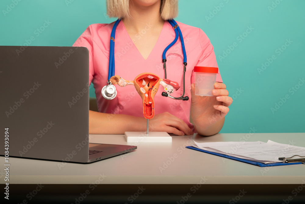 woman doctor hand hold test tube sits in her office with anatomical ...