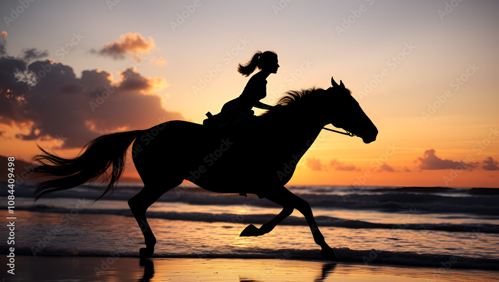 Silhouette of woman riding on horse running along coast sunset ...