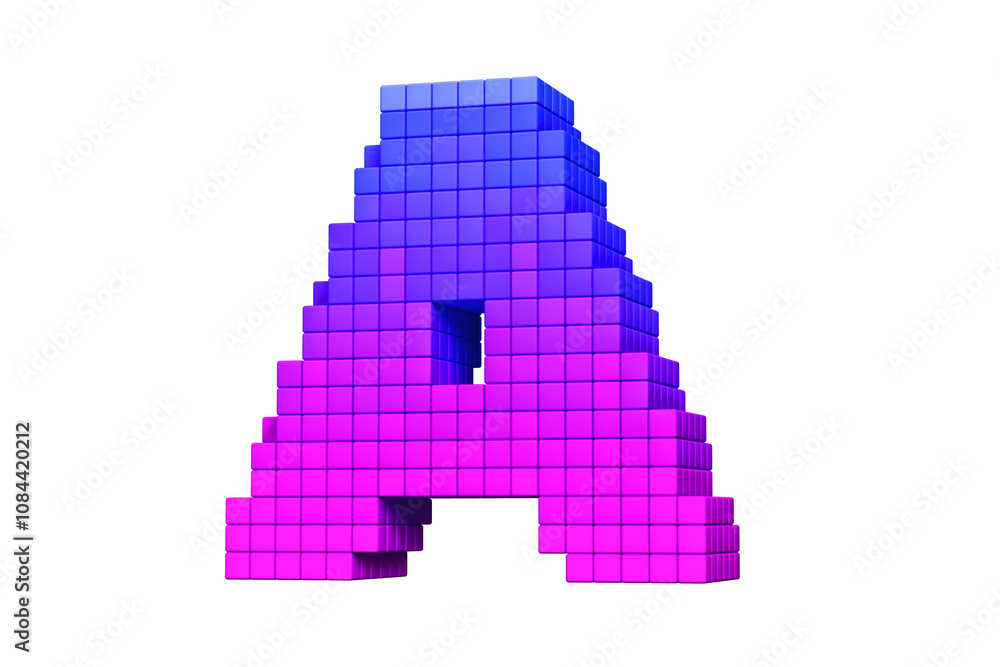 Chiptune 3D typography pixel art style letter A in pink and purple ...