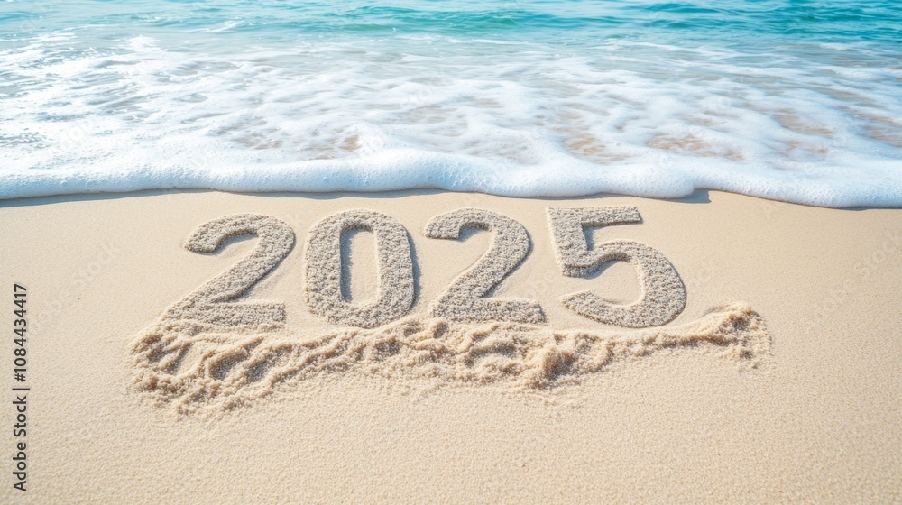2025 Written in Sand as Waves Gently Wash Ashore. の Stock フォト | Adobe Stock