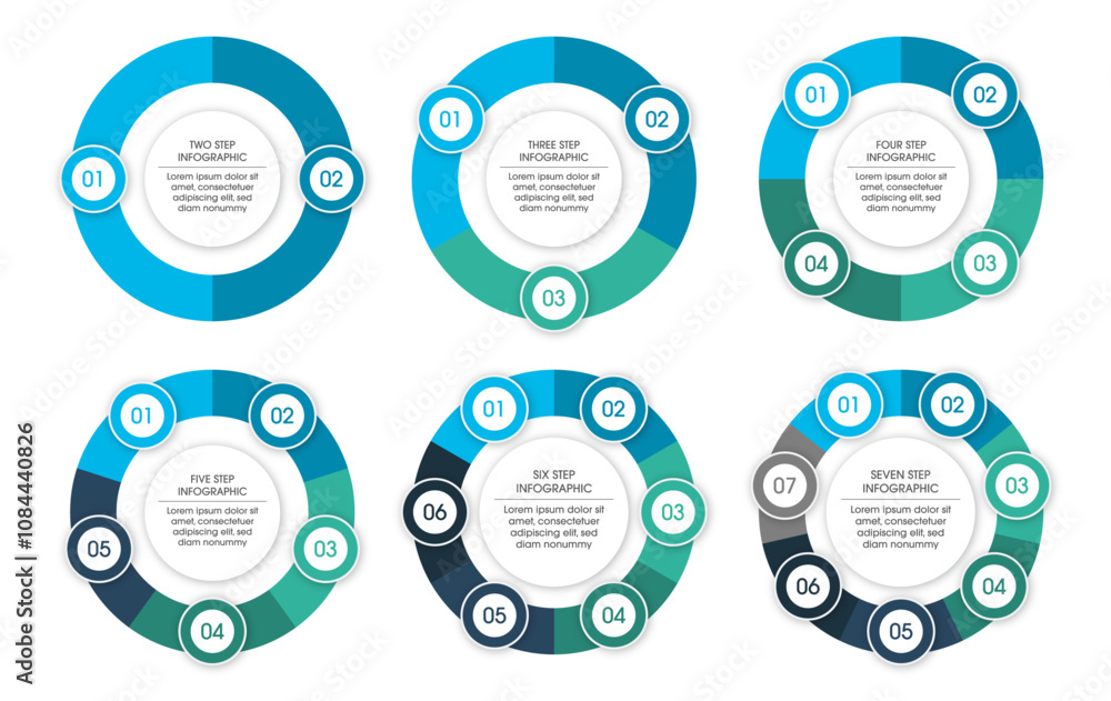 Set of Circle Infographic Diagrams with 2, 3, 4, 5, 6, and 7 Segments ...