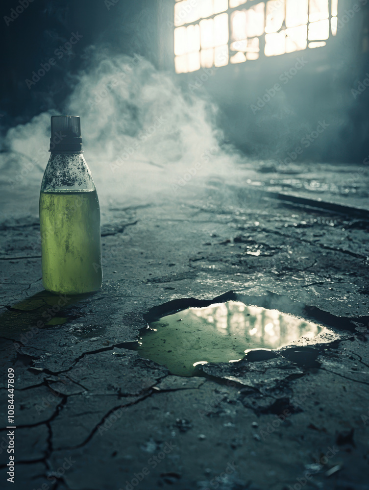 Green chemical liquid in a bottle and puddle on a cracked floor ...