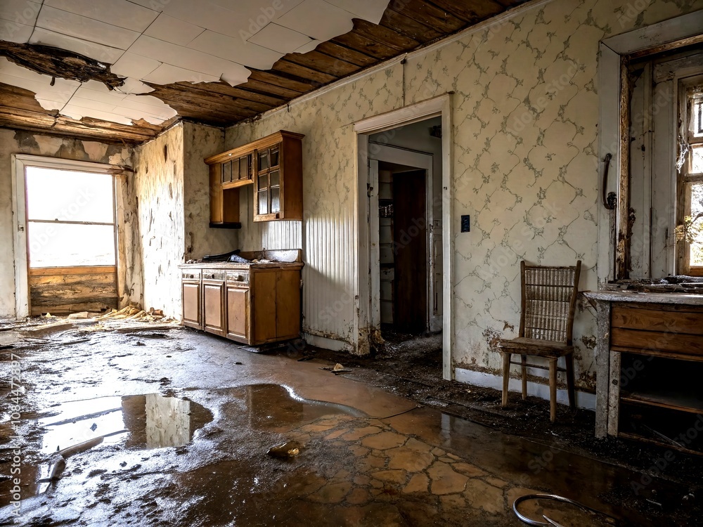Interior of a Damaged House Captured in Documentary Style, Highlighting ...