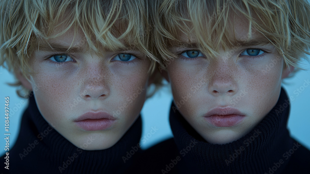 Two identical twin boys with blonde hair and bright blue eyes stand ...