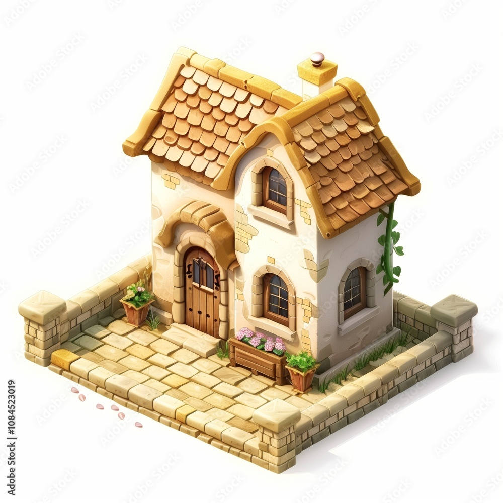 Charming isometric house design with stone pathway and garden elements ...