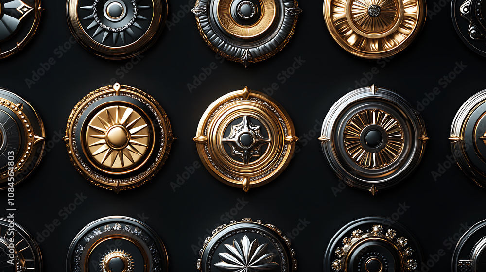 A collection of medals logos features shiny round awards in gold ...