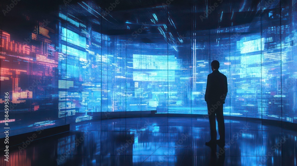 business risk assessment matrix hologram executive analyzing 3d data ...