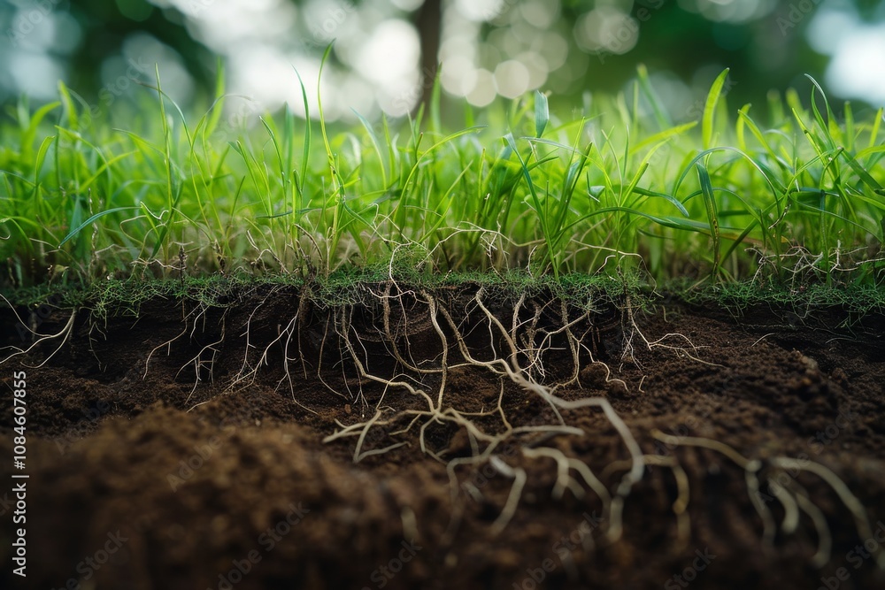 showcases a cross-section of soil, revealing green grass and its ...