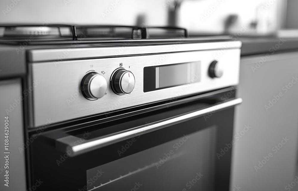 Stainless steel gas stove control panel close-up in a sleek modern ...