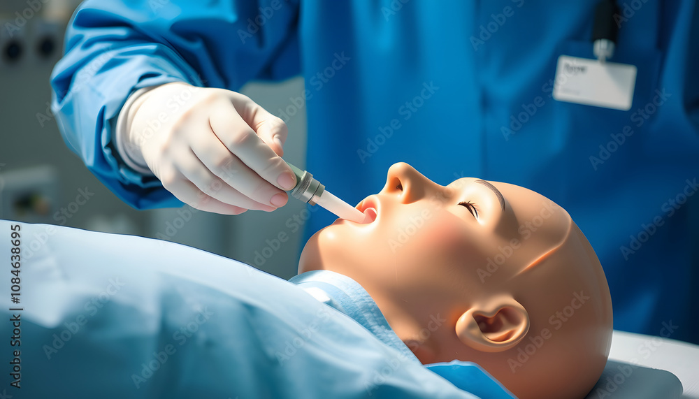Anesthesiologist performing an orotracheal intubation on a simulation ...