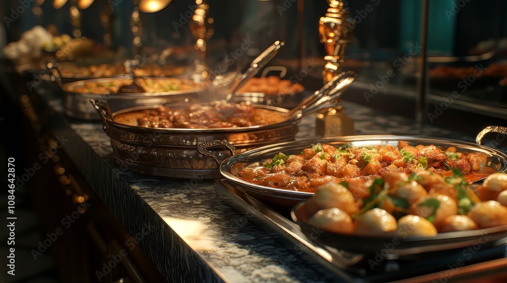 Indian food buffet displaying traditional dishes in metal containers ...