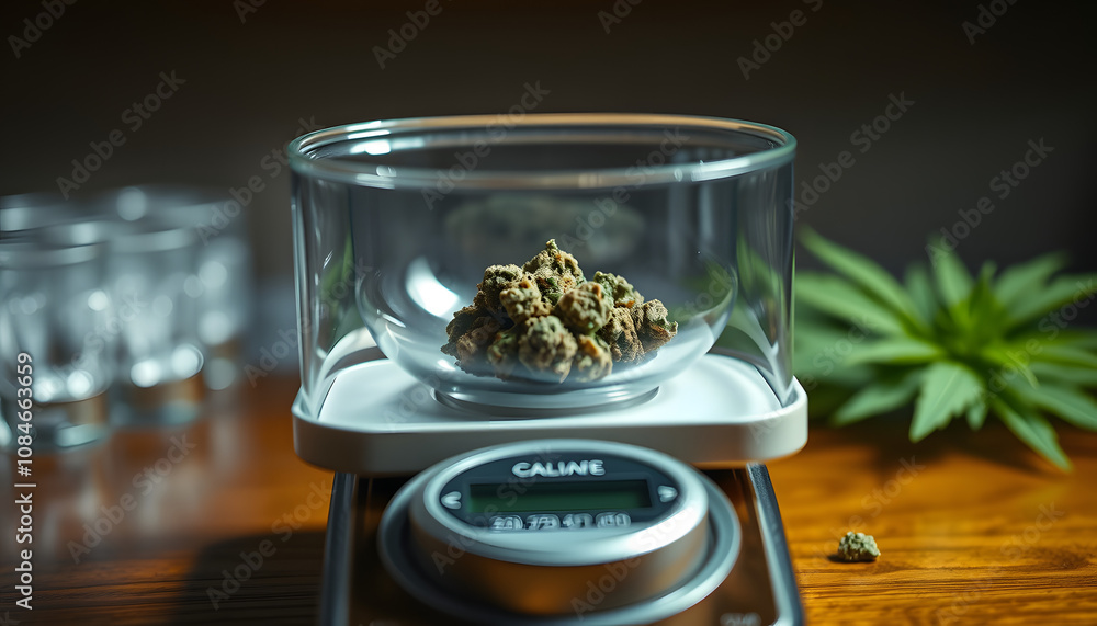 weighing of cannabis on the scales close-up. the lifestyle of a drug dealer. SHALLOW FOCUS ...