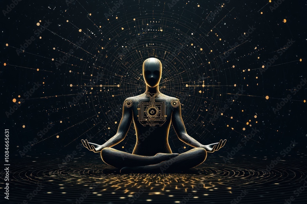 Meditating robot futuristic space digital art cosmic environment ...