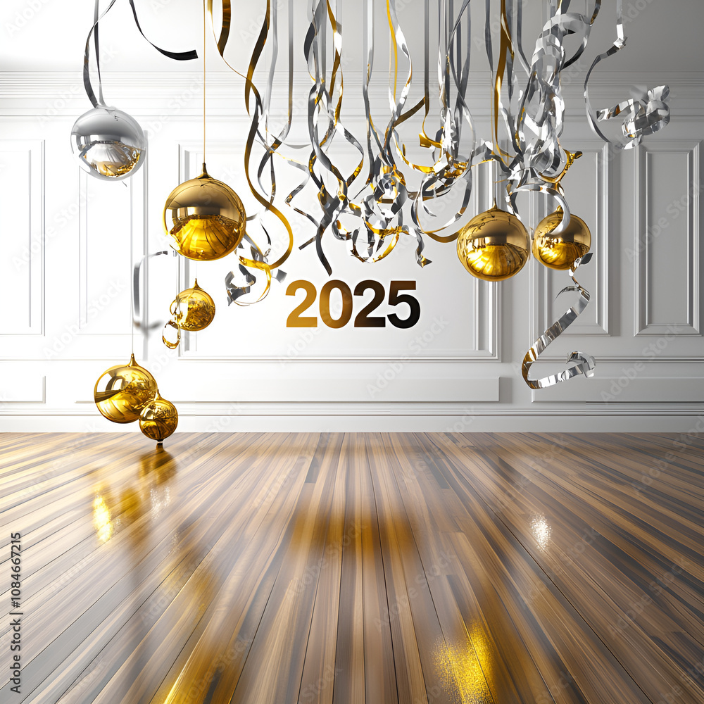 Elegant "2025" banner hanging on a plain wall, silver and gold ...