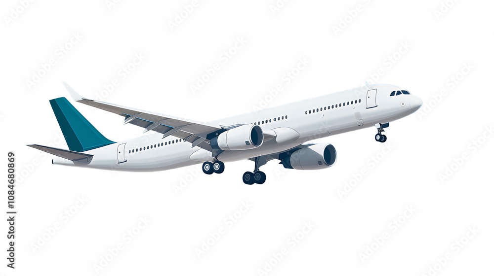 Commercial aircraft, white and teal livery, side view, takeoff pose ...