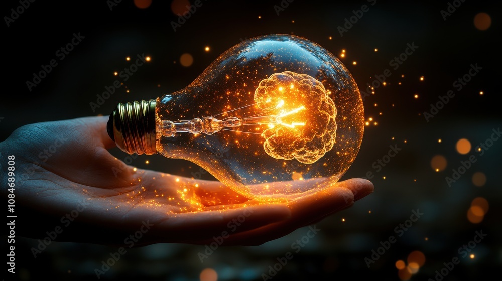 hand holding drawing virtual lightbulb with brain on bokeh background ...