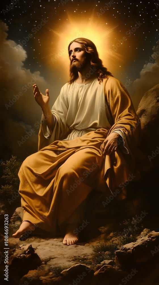 Jesus Christ in Prayer with Golden Aura and Starry Night Sky Stock ...